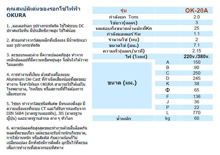 รอกโซ่ไฟฟ้า 2 ทิศทาง OKURA 2 Ton
